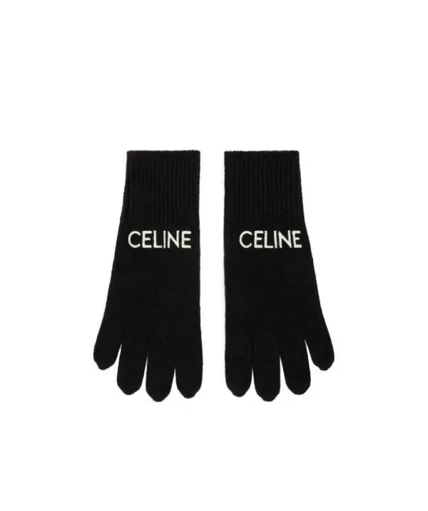 Celine Embroidered Gloves In Ribbed Wool - Black