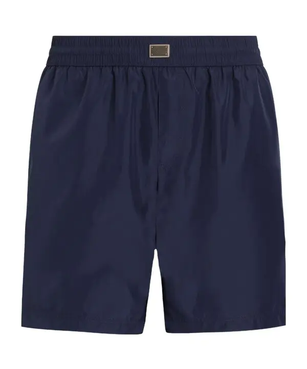 Dolce & Gabbana Elastic Waist Swim Shorts With Logo Plaque - Blue