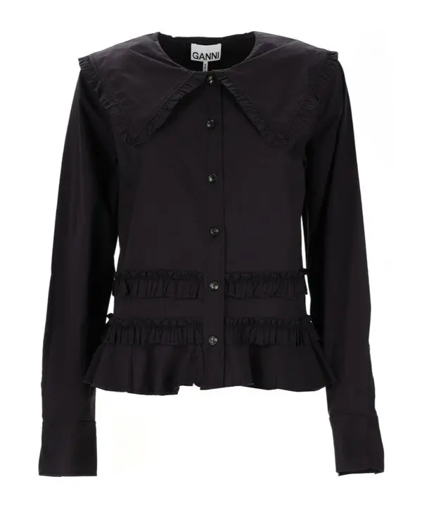 GANNI Long-sleeved Ruffled Shirt - Black