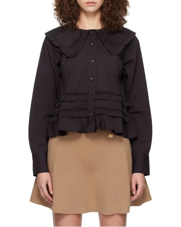 GANNI Long-sleeved Ruffled Shirt - Black