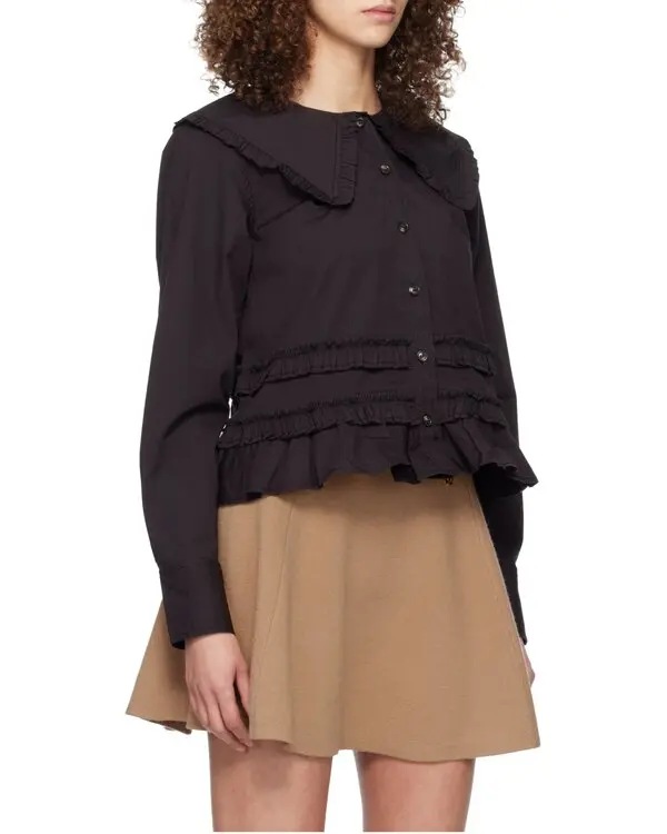 GANNI Long-sleeved Ruffled Shirt - Black