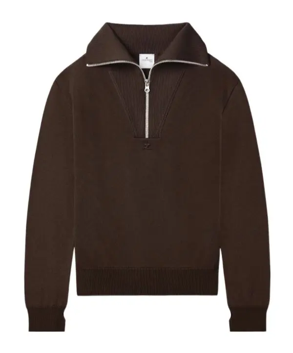 COURREGES Wool Sweater With Zippered Collar And Embroidered Logo - Black