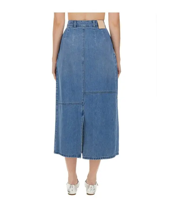 ALYSI Pleated Denim Midi Skirt With Slit Detail - Blue