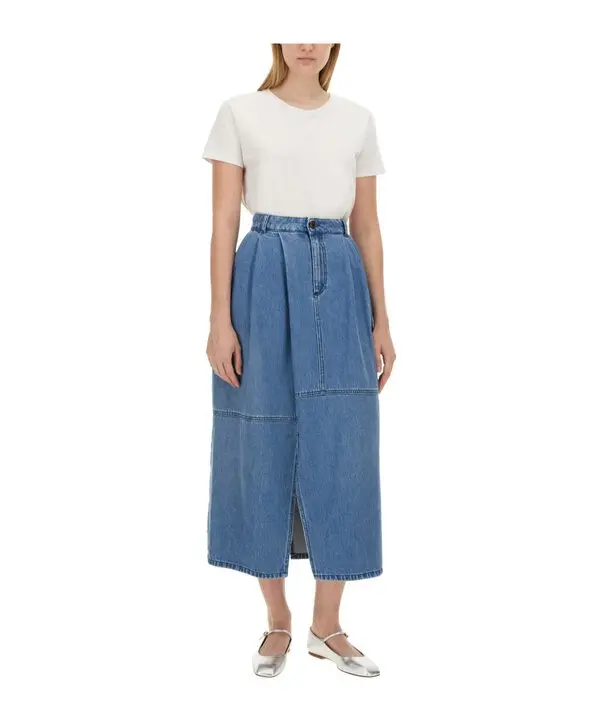 ALYSI Pleated Denim Midi Skirt With Slit Detail - Blue