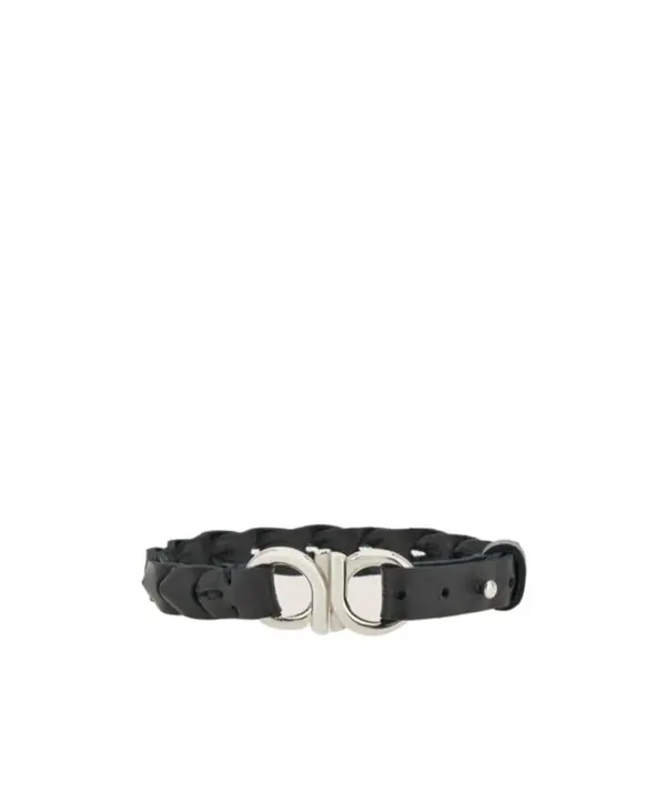 FERRAGAMO Braided Leather Gancini Bracelet - Black