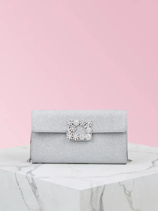 ROGER VIVIER Flower Strass Buckle Clutch Bag - White