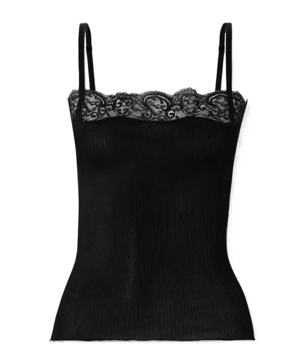 Saint Laurent Ribbed Lace Trim Tank Top - Black