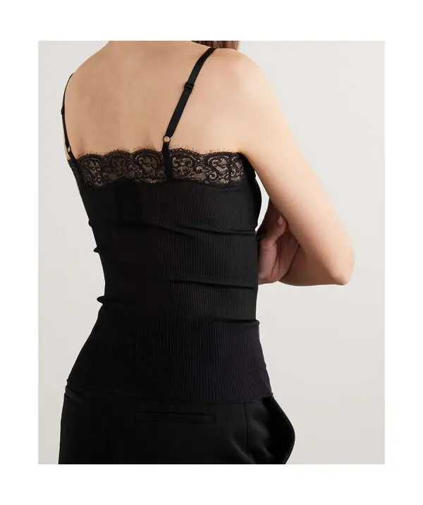 Saint Laurent Ribbed Lace Trim Tank Top - Black