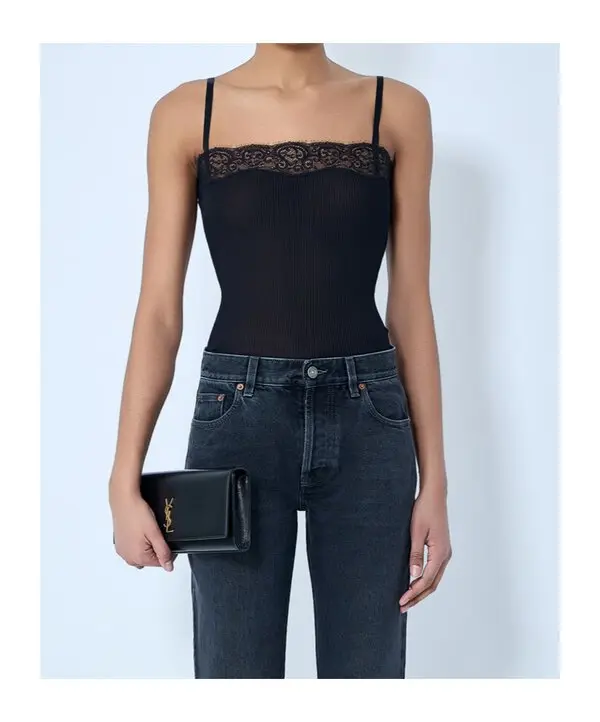 Saint Laurent Ribbed Lace Trim Tank Top - Black