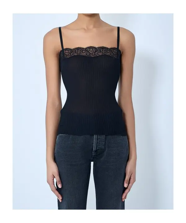 Saint Laurent Ribbed Lace Trim Tank Top - Black
