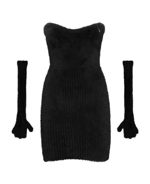 Off-White Fuzzy Knitted Mini Dress With Detachable Gloves - Black