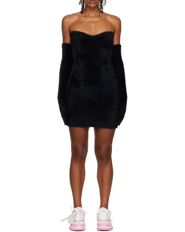 Off-White Fuzzy Knitted Mini Dress With Detachable Gloves