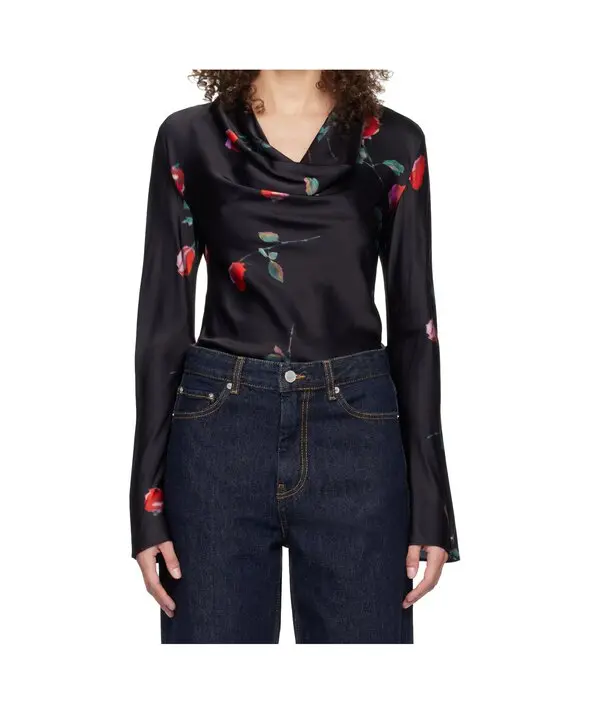 GANNI Floral Print Satin Top - Black