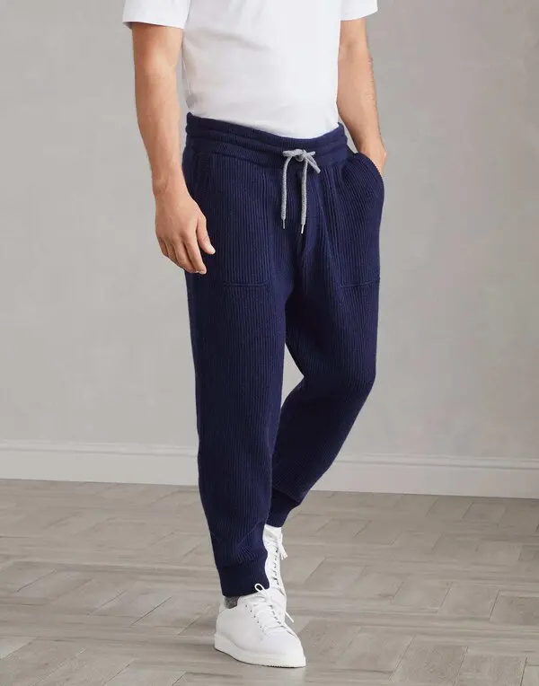 Brunello Cucinelli Ribbed Knit Drawstring Joggers - Navy Blue