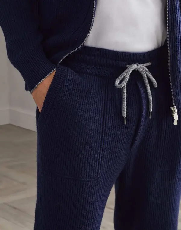 Brunello Cucinelli Ribbed Knit Drawstring Joggers - Navy Blue