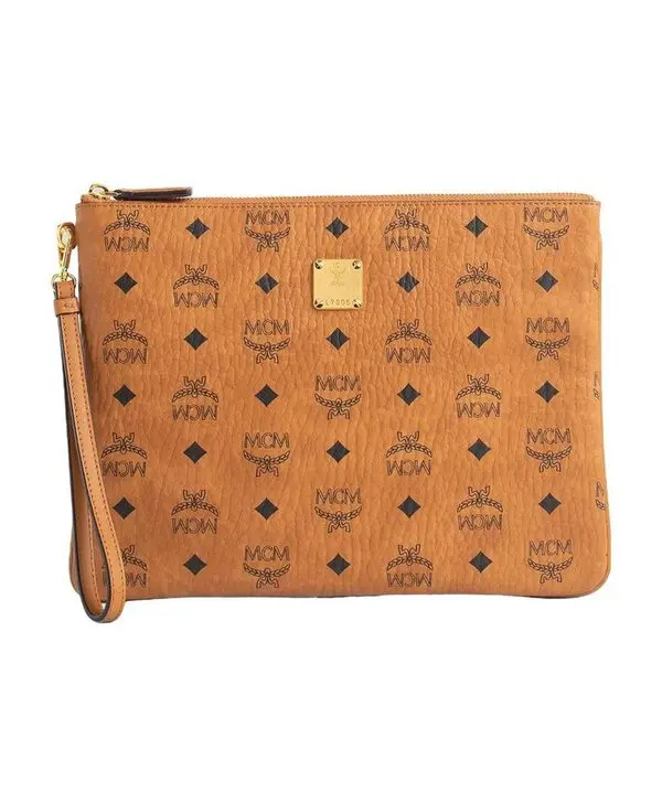 Mcm Letter Printed Clutch With Gold Metal Logo - Brown
