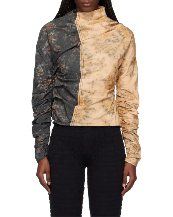 GANNI Asymmetric Neck Floral-printed Ruched Top