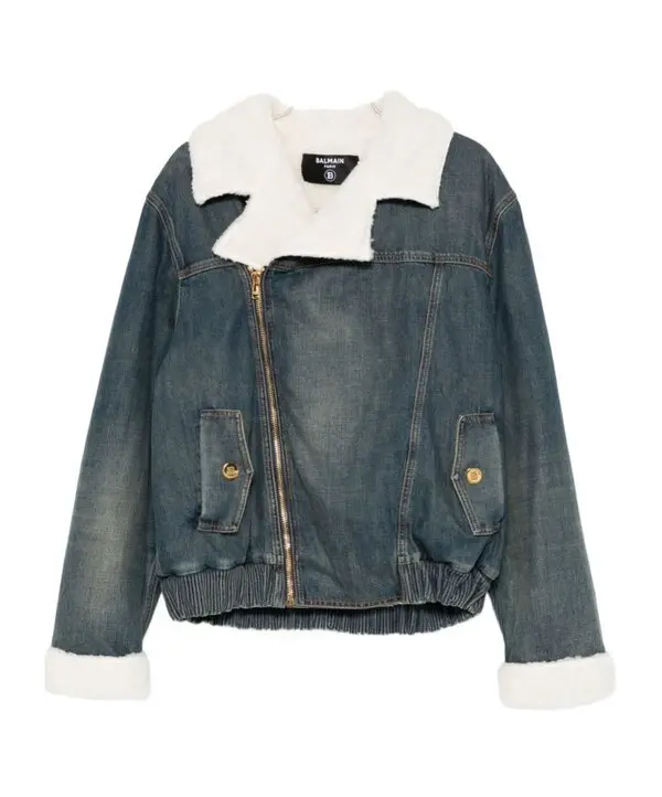 Balmain Shearling Zip Denim Jacket - Black