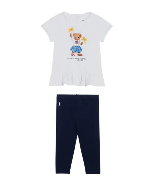 Polo Ralph Lauren Round Neck Teddy Bear Print T-shirt And Pants Set - White