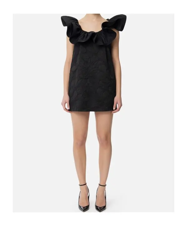 Elisabetta Franchi Ruffled Floral Jacquard Mini Dress - Black