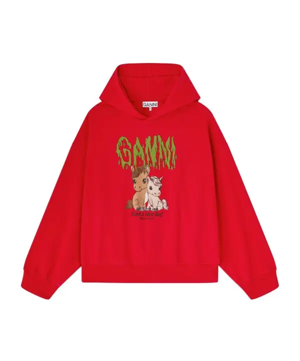 GANNI Red Graphic Cropped Hoodie - Cherry Red