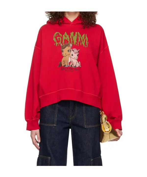 GANNI Red Graphic Cropped Hoodie - Cherry Red