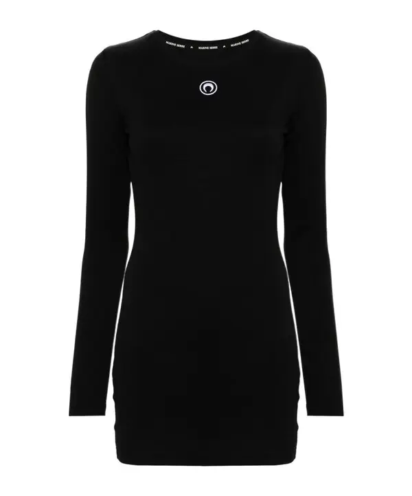 MARINE SERRE Logo Detailed Long Sleeve Mini Dress - Black