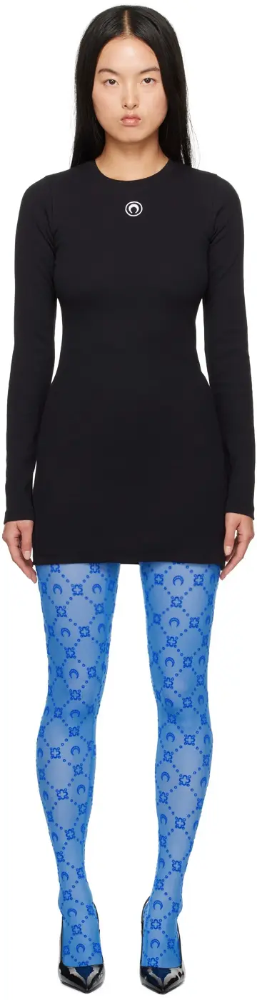 MARINE SERRE Logo Detailed Long Sleeve Mini Dress - Black