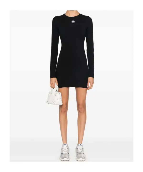 MARINE SERRE Logo Detailed Long Sleeve Mini Dress - Black