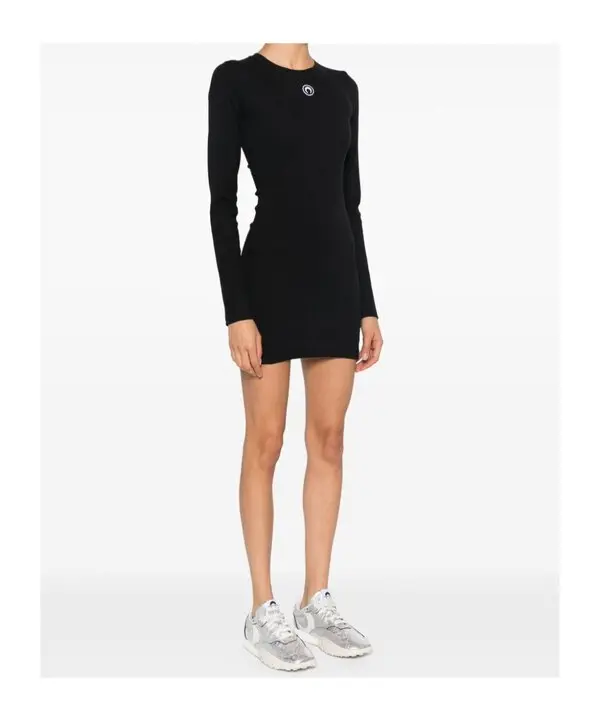 MARINE SERRE Logo Detailed Long Sleeve Mini Dress - Black