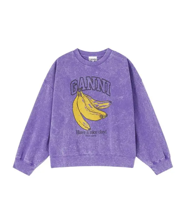 GANNI Retro Washed Crewneck Sweatshirt With Banana Graphic - Purple