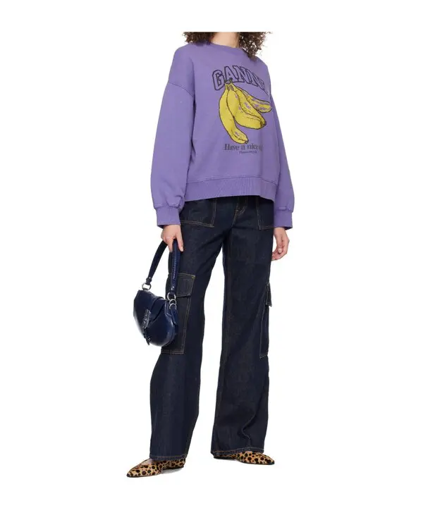 GANNI Retro Washed Crewneck Sweatshirt With Banana Graphic - Purple