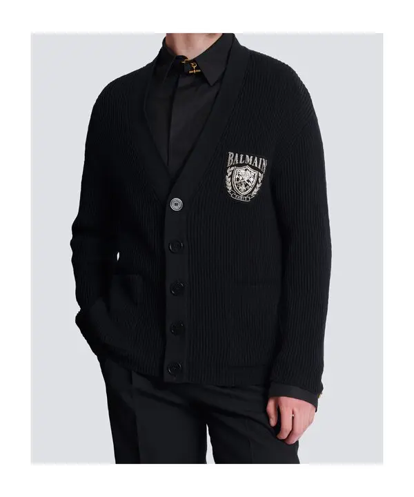 Balmain Tube Knit Cardigan With Embroidered Patch