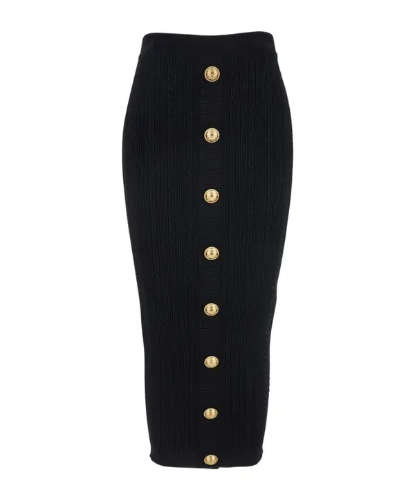 Balmain Cable-knit Midi Skirt With Branded Buttons - Black