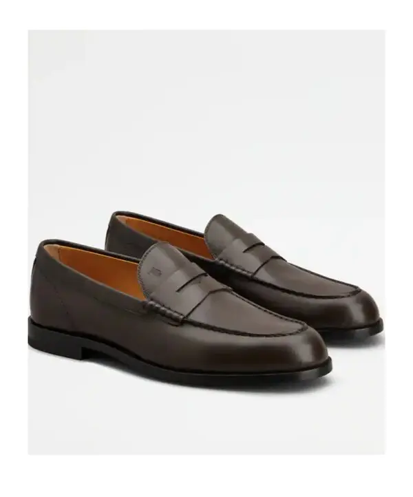 TOD'S Round-toe Calfskin Penny Loafers With Signature Embossing And Hand-stitching - Brown
