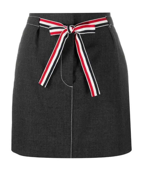 Thom Browne 2-ply Fresco Tie Waist Mini Skirt - Dark Gray