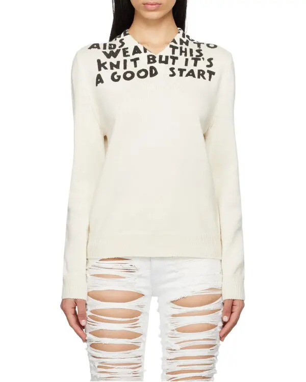 MAISON MARGIELA Lettering-print V-neck Wool Sweater