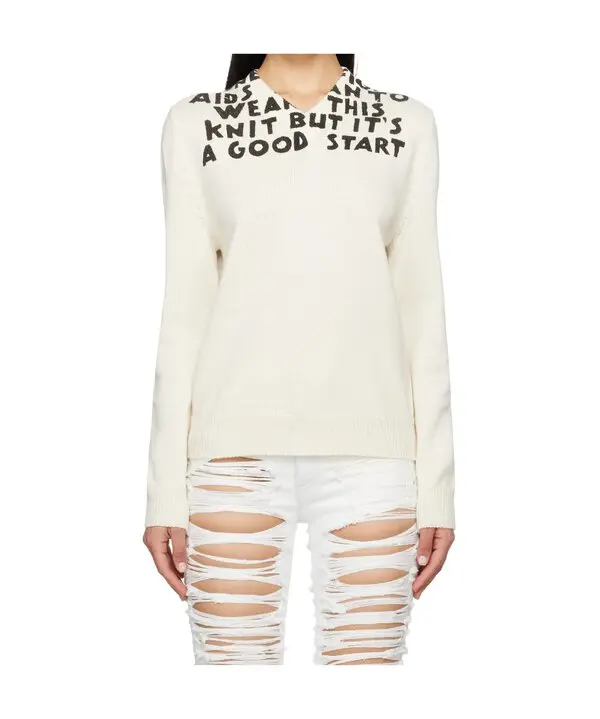 MAISON MARGIELA Lettering-print V-neck Wool Sweater
