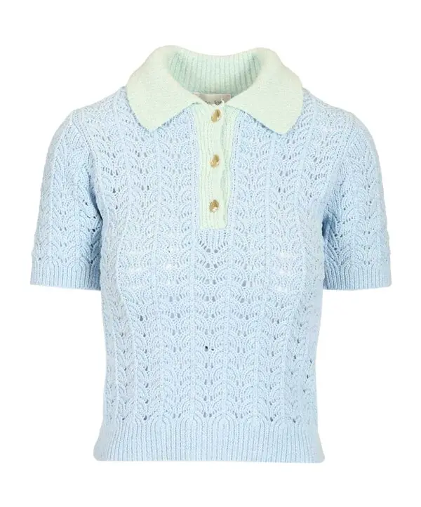 FORTE_FORTE Open Knit Polo Sweater With Button Closure