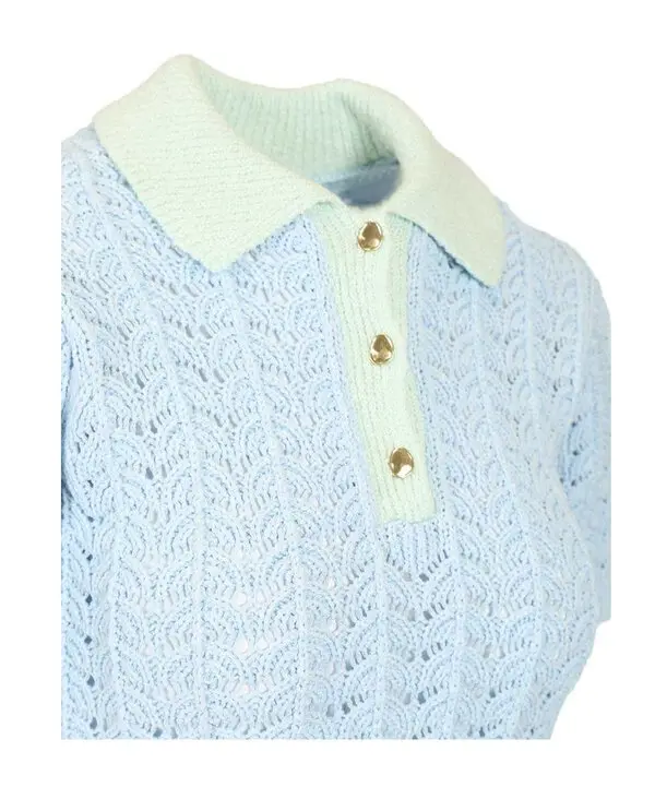 FORTE_FORTE Open Knit Polo Sweater With Button Closure