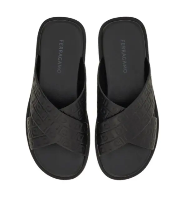 FERRAGAMO Round Toe Slip-on Sandals With Embossed Logo Detail - Black