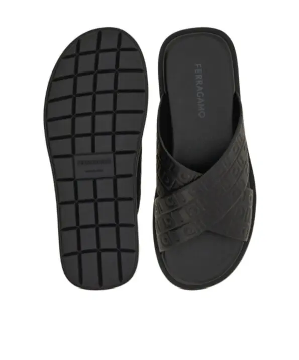 FERRAGAMO Round Toe Slip-on Sandals With Embossed Logo Detail - Black