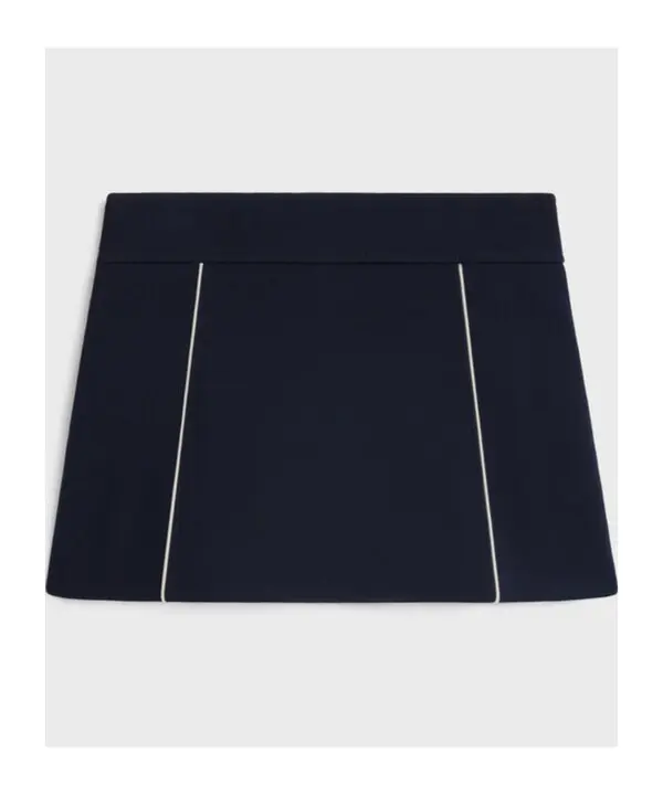 Celine Trapeze Mini Skirt In Gauffered Double Wool - Navy