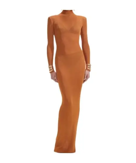 SELF-PORTRAIT High-neck Long-sleeve Maxi Dress - Tan
