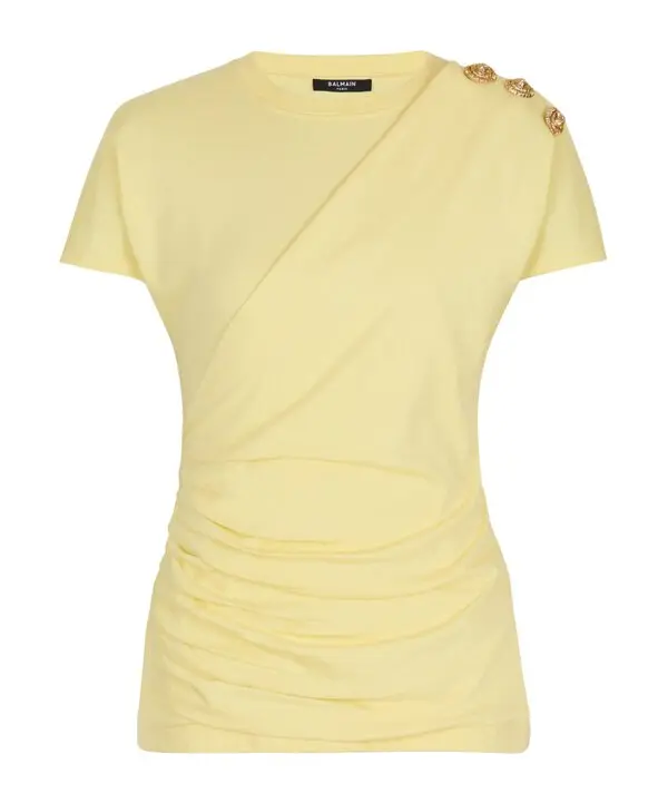 Balmain Draped T-shirt With Embroidered Logo - Yellow