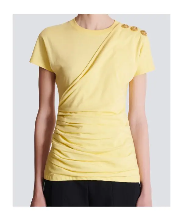 Balmain Draped T-shirt With Embroidered Logo - Yellow