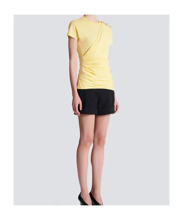 Balmain Draped T-shirt With Embroidered Logo - Yellow