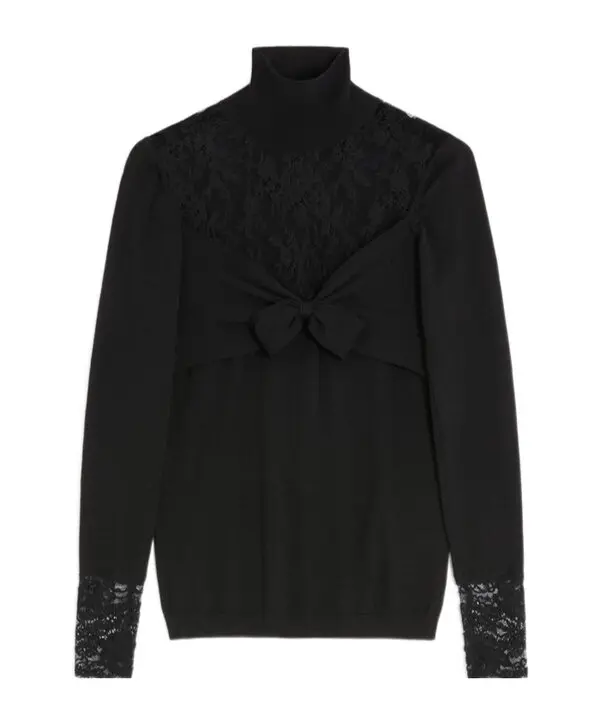 Valentino Garavani High Neck Lace Paneled Top With Bow Detail