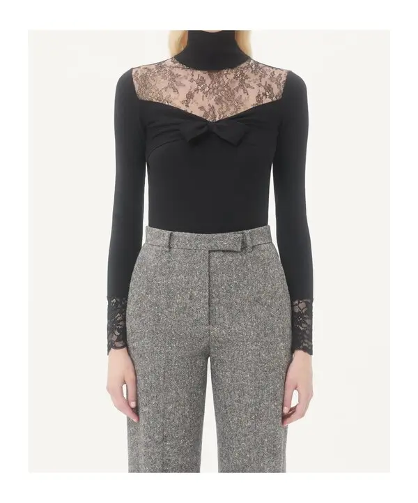 Valentino Garavani High Neck Lace Paneled Top With Bow Detail