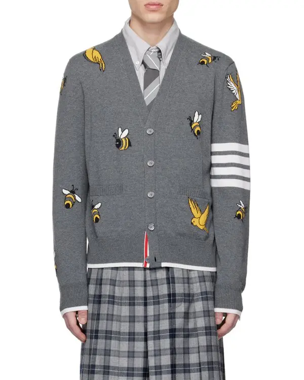 Thom Browne 4-bar Striped Buttoned Cardigan - Medium Gray